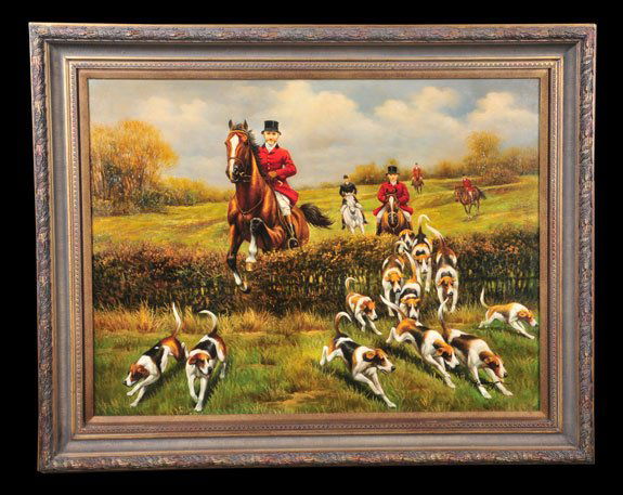 Oil Painting On Canvas, Fox Hunting Scene With Fiv