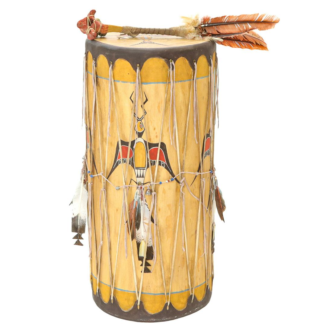 Vintage Native American Indian Drum And Rotten Belly Rattle