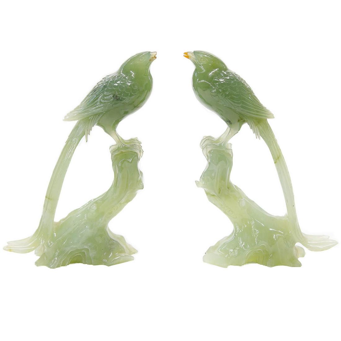 Vintage Chinese Celedon Jade Bird Of Paradise Statues, Pair