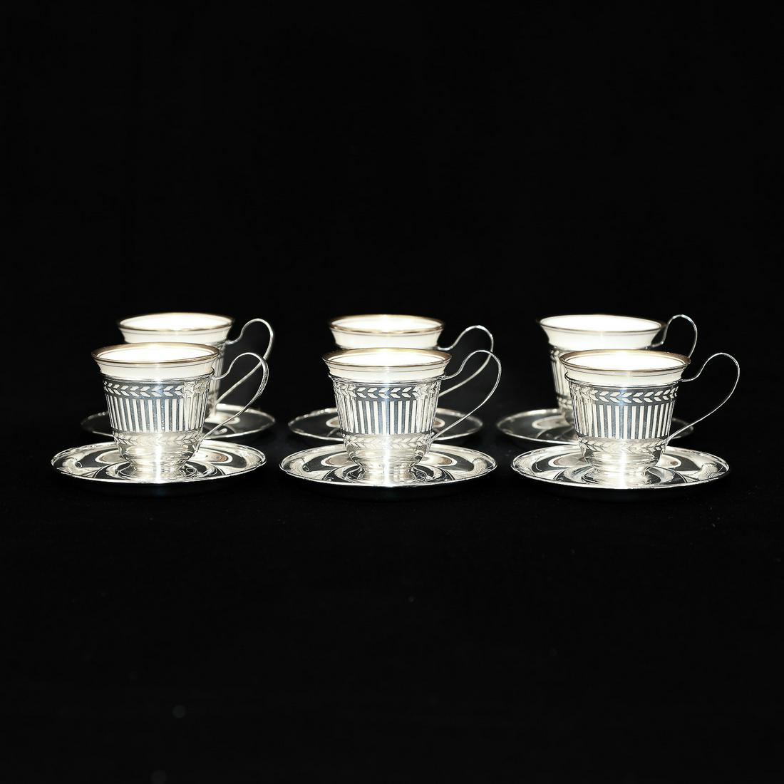 Set Of Six Antique Sterling Silver Demitasse Cups And Saucers, Includes ...