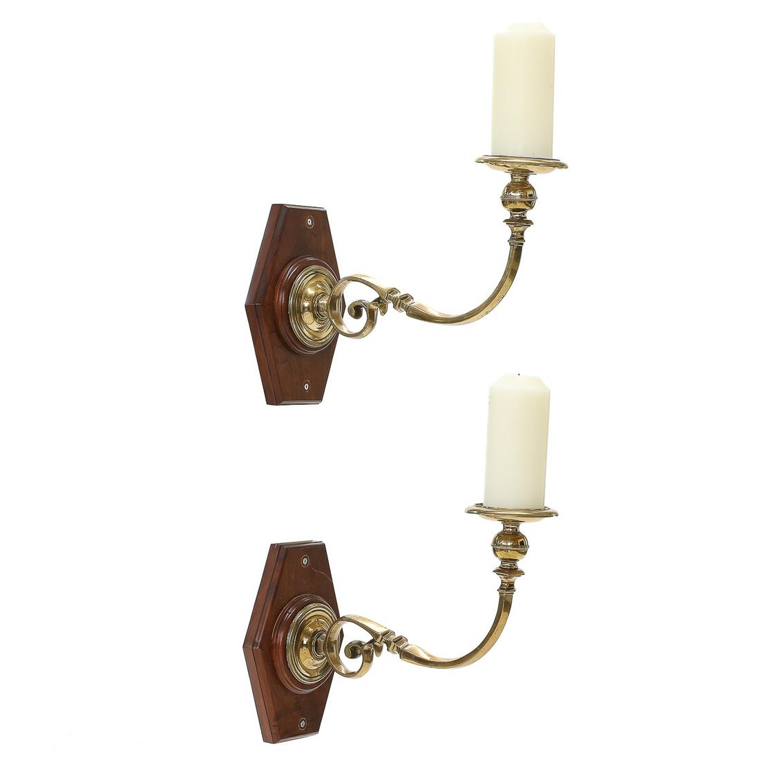 Edwardian Style English Brass And Wood Wall Sconces, Pair