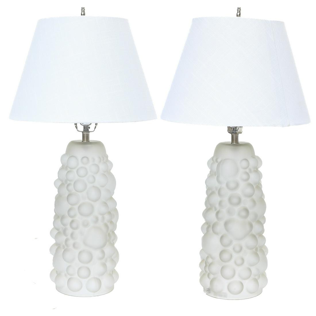 Pair Of Modern Frosted Glass Lamps With Various Size Bumps Auction