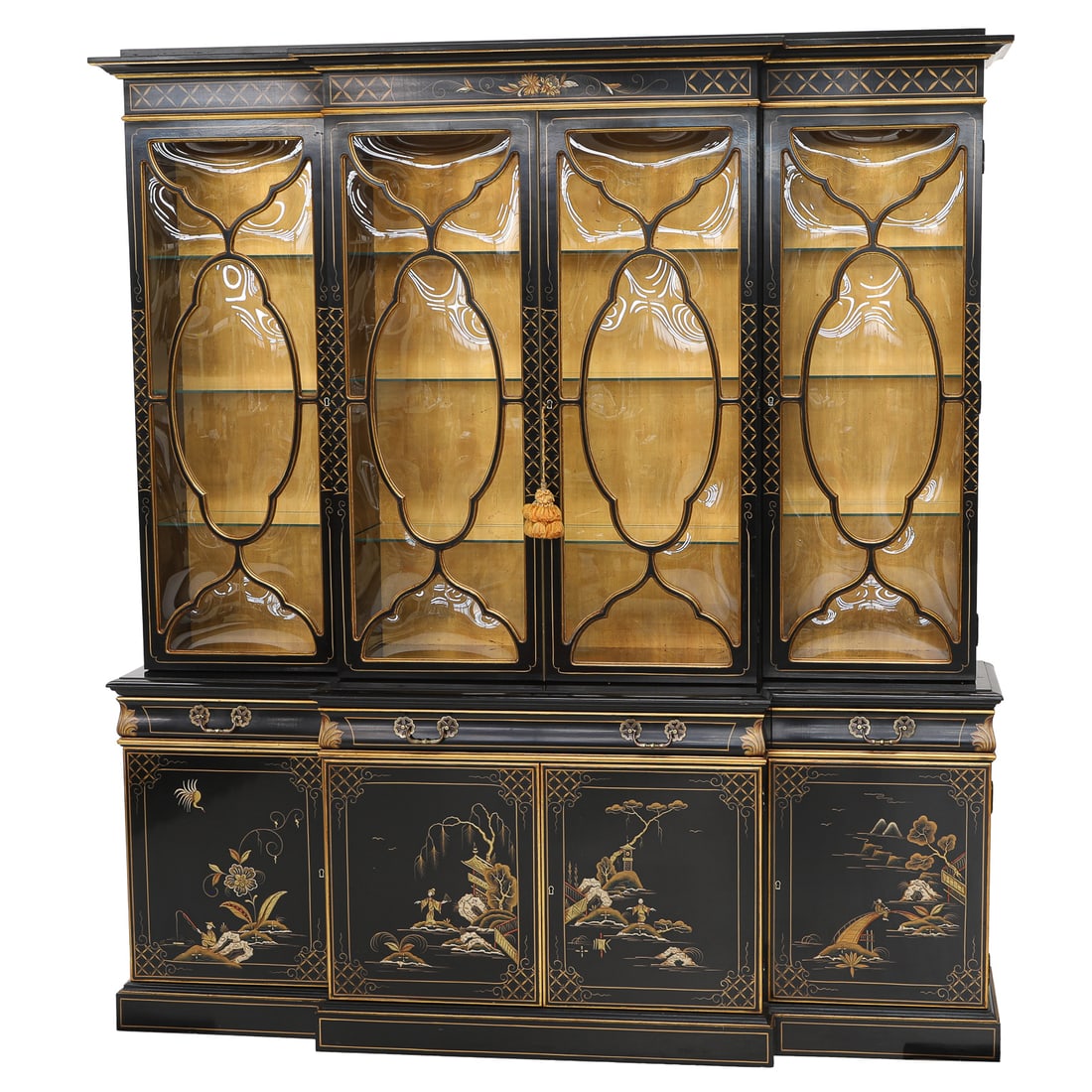 Late 20th C. Karges Black Chinoiserie Lacquered Breakfront Bookcase Auction