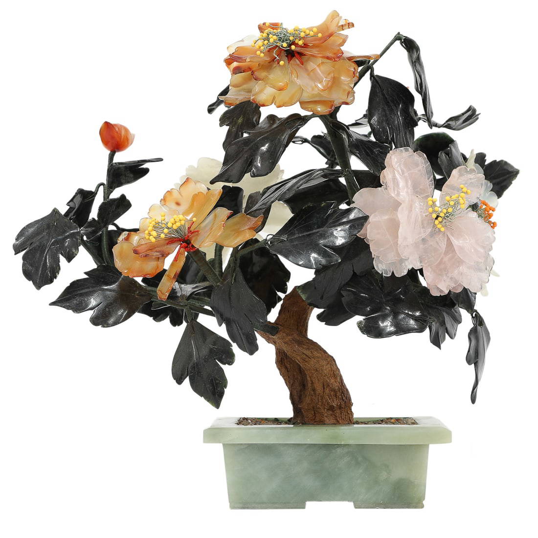 Vintage Oriental Stone Bonsai Tree In Jade Rectangular Base Auction