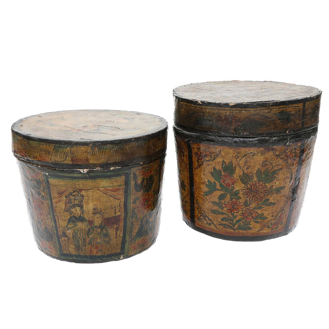 Large Vintage Chinese Paper Mache Painted Hat Boxes, Companion Pair Auction