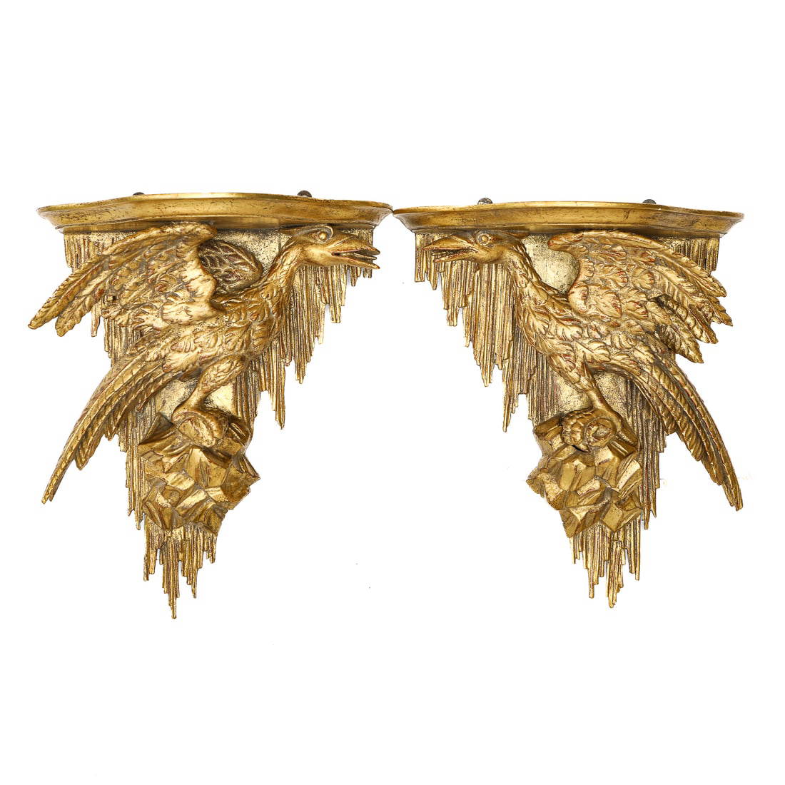 19th C. English Gilt Wood Hand Carved Ho Ho Bird Wall Brackets, Pair ...