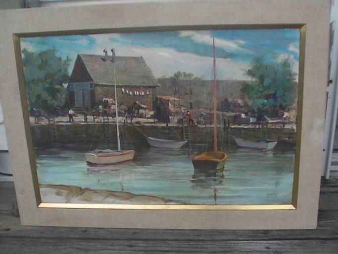 Frank Davis Oil Painting Sailboats And Fisherman