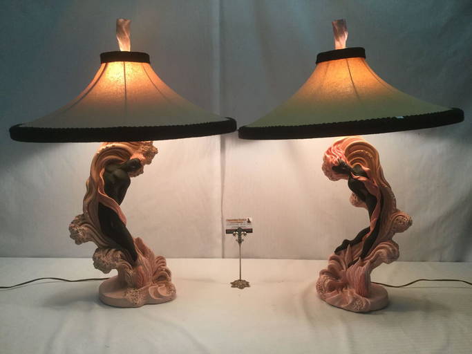 Mid Century Pair Reglor Lamps W/ Pink/black Male/female