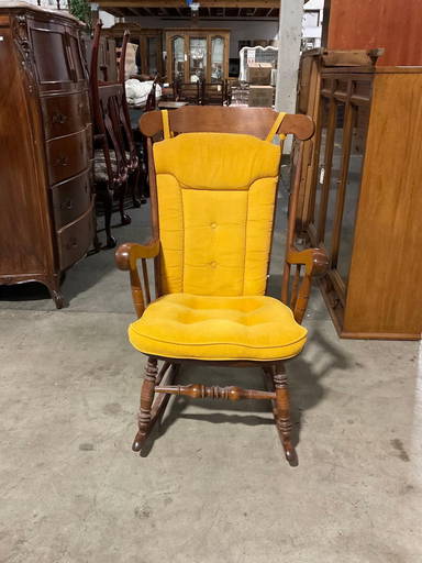 Vintage Ethan Allen Dowel Back Wooden Rocking Chair W/ Yellow Cushions ...