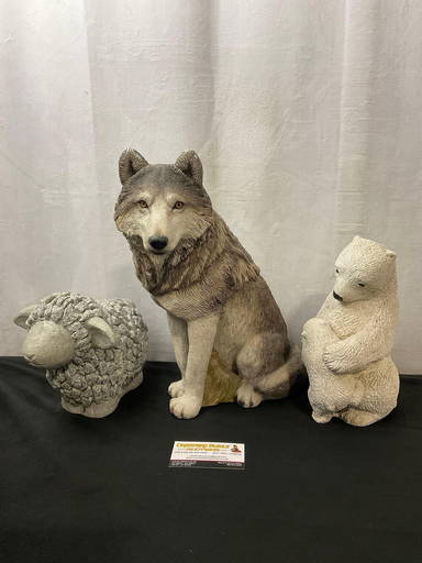 Trio Of Yard Art Animals, Sandicast Wolf, Polar Bear & Cub, And A Sheep ...