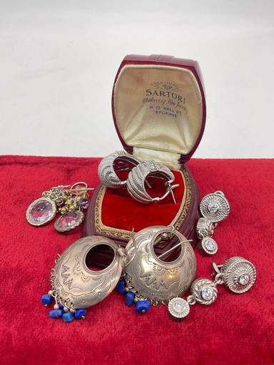 4x Pairs Sterling Silver Earrings Incl. Crystal Dangling Pair & Lapis ...