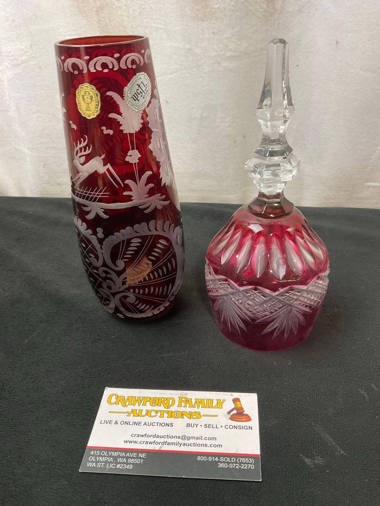 Pair Of Handcut Czech Crystal, Vase And Bell, Red Hand Blown Crystal ...