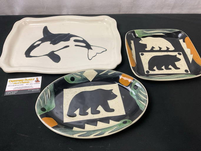 Alaskan Pottery Plates, Bears & Orca, By Lisa Marshall & Clarice Falconer