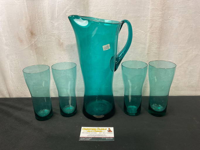 Vintage Blenko Aqua Handblown Pitcher And 4 Tumblers