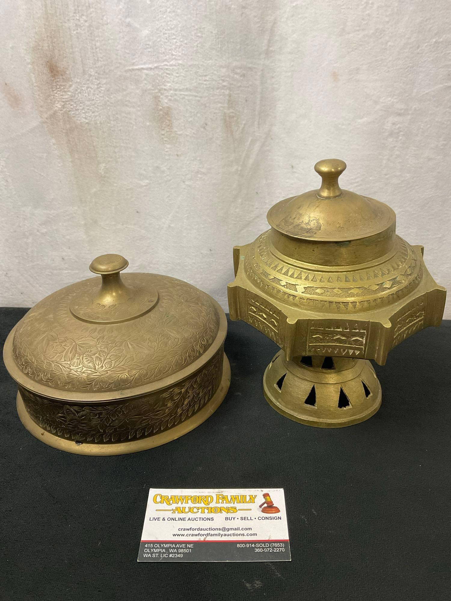 Pair Of Indian Handmade Brass Lidded Vessels, Candy Bowl And Footed ...