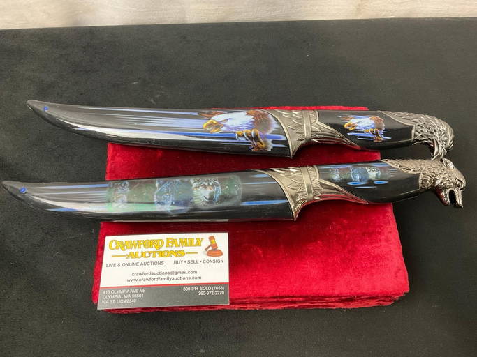 Pair Of Patriotic Daggers W/ Cases With Wolf & Eagle Motifs, 7.5 Inch ...