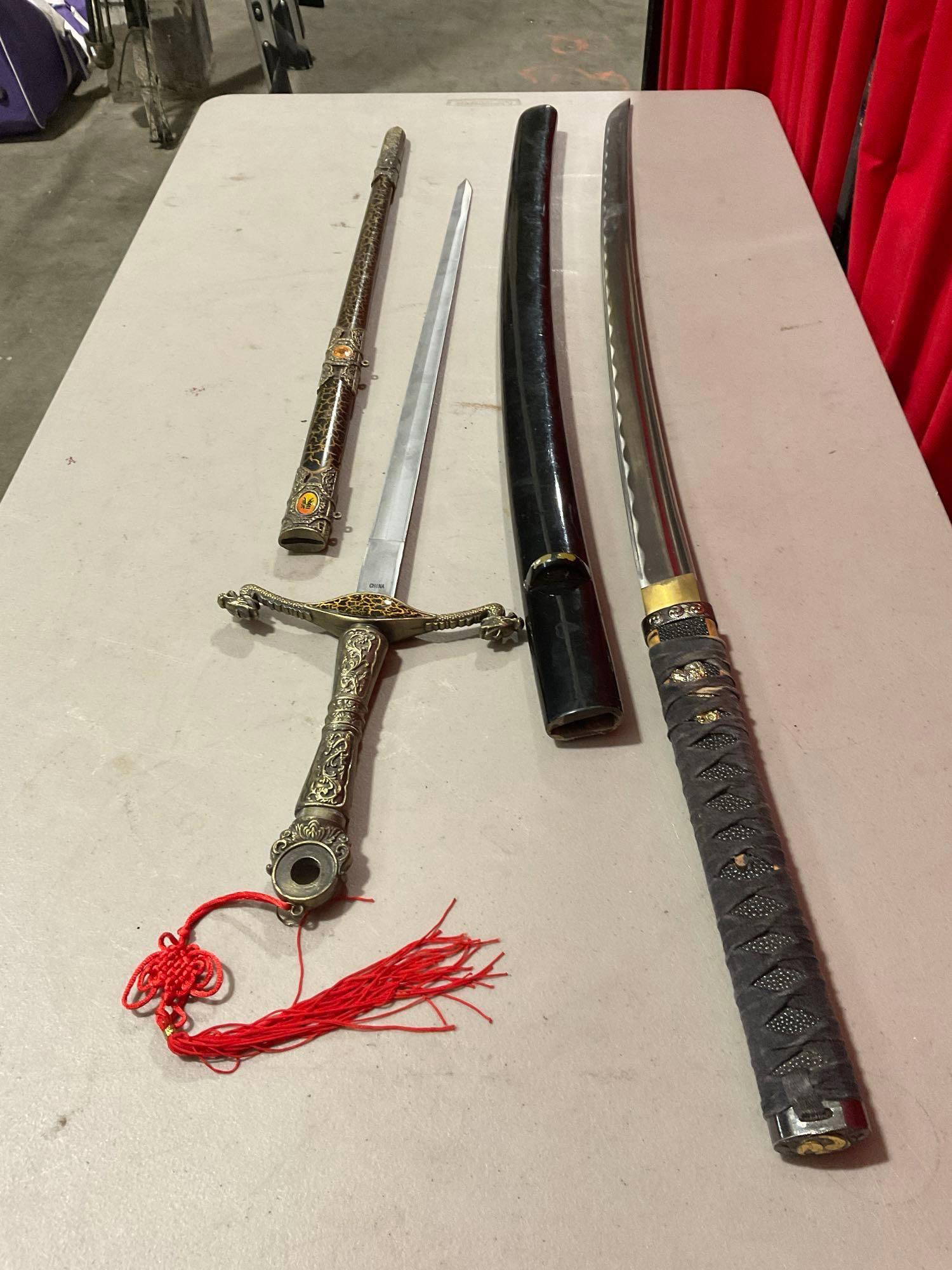 Katana W/ 29" Blade & Wood Sheath + Metal Engraved Rapier With Ornate ...