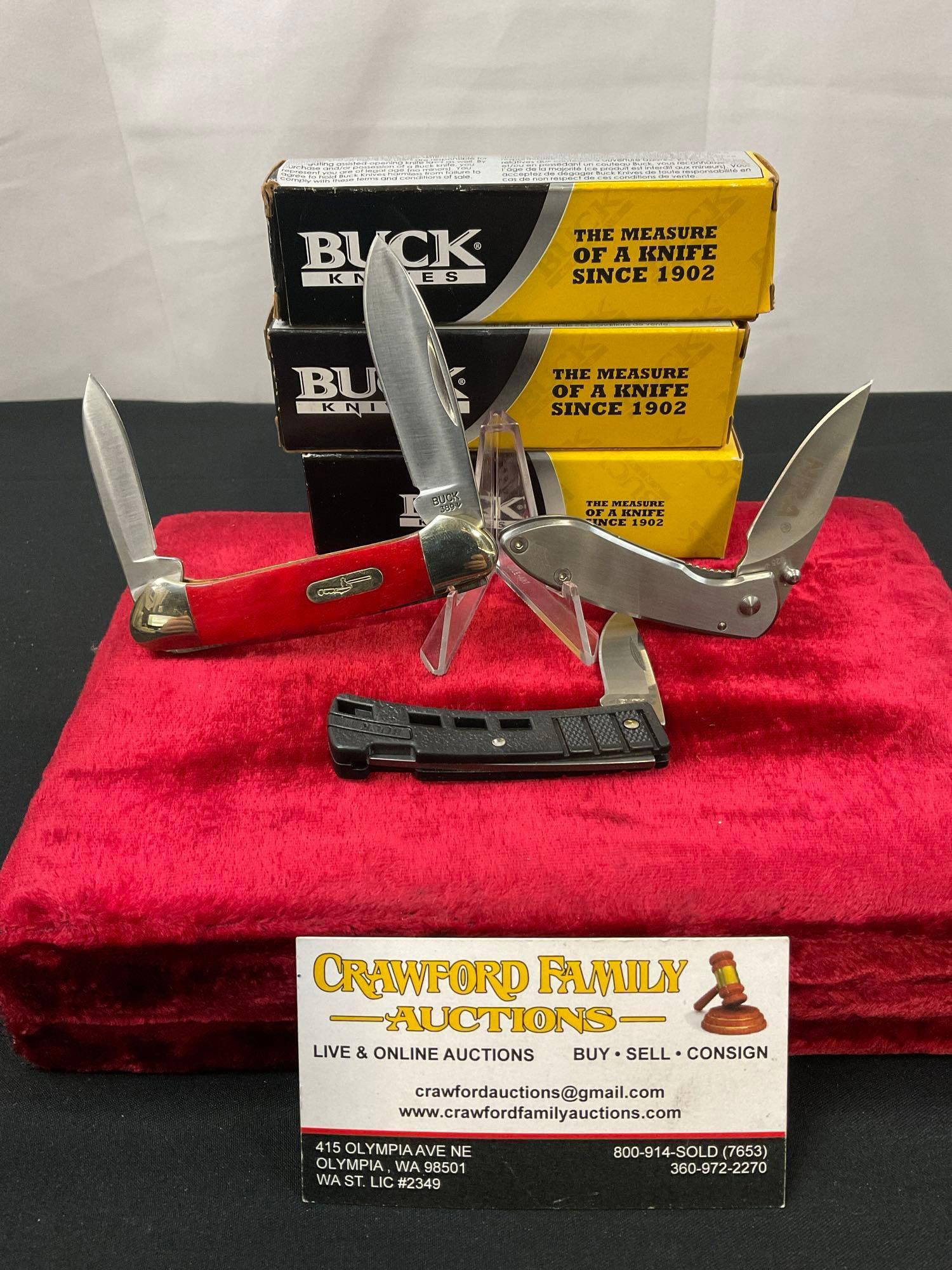 Trio Of Modern Buck Knives, Models 325 Colleague, 389 Canoe, 505 ...