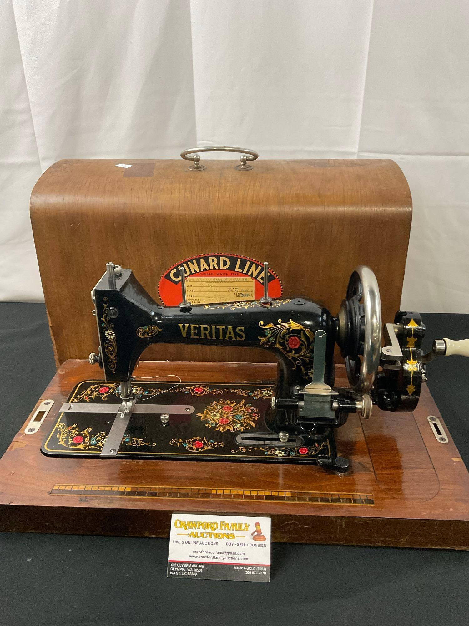 Antique Veritas Sewing Machine, Hand Crank W/ Wooden Case Auction