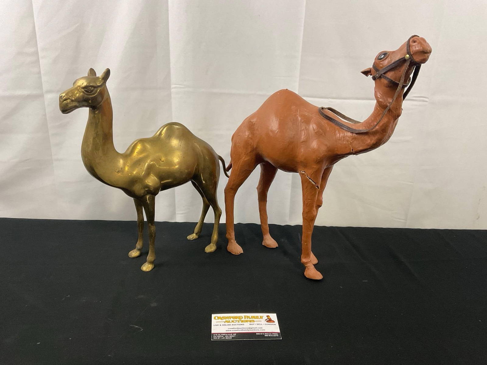 Pair Of Camel Figures, Vintage Leather Piece & Korean Brass Figure Auction