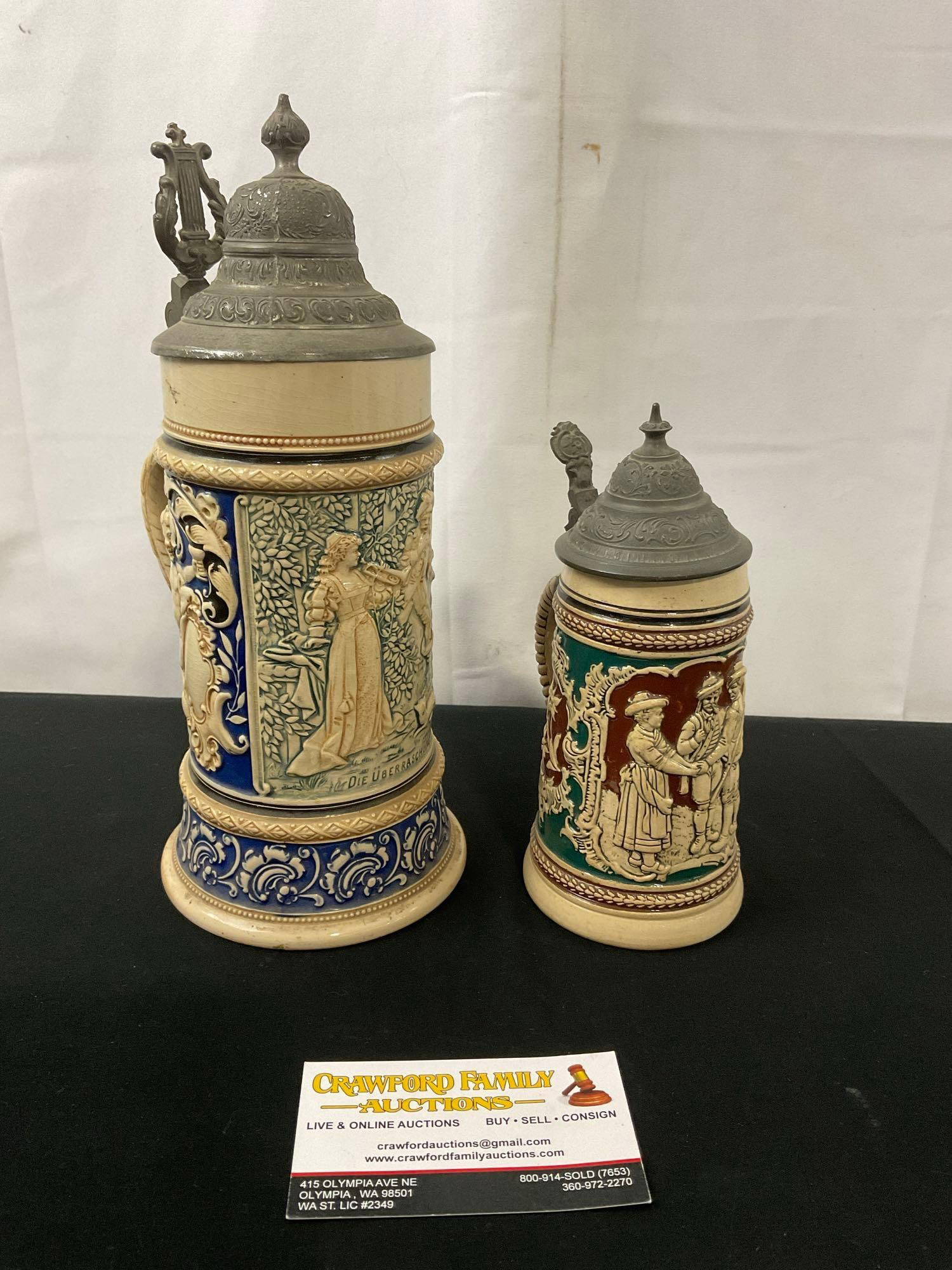 Pair Of Vintage Salt Glazed German Beer Steins W/ Pewter Lids, 0.5 & 1 ...