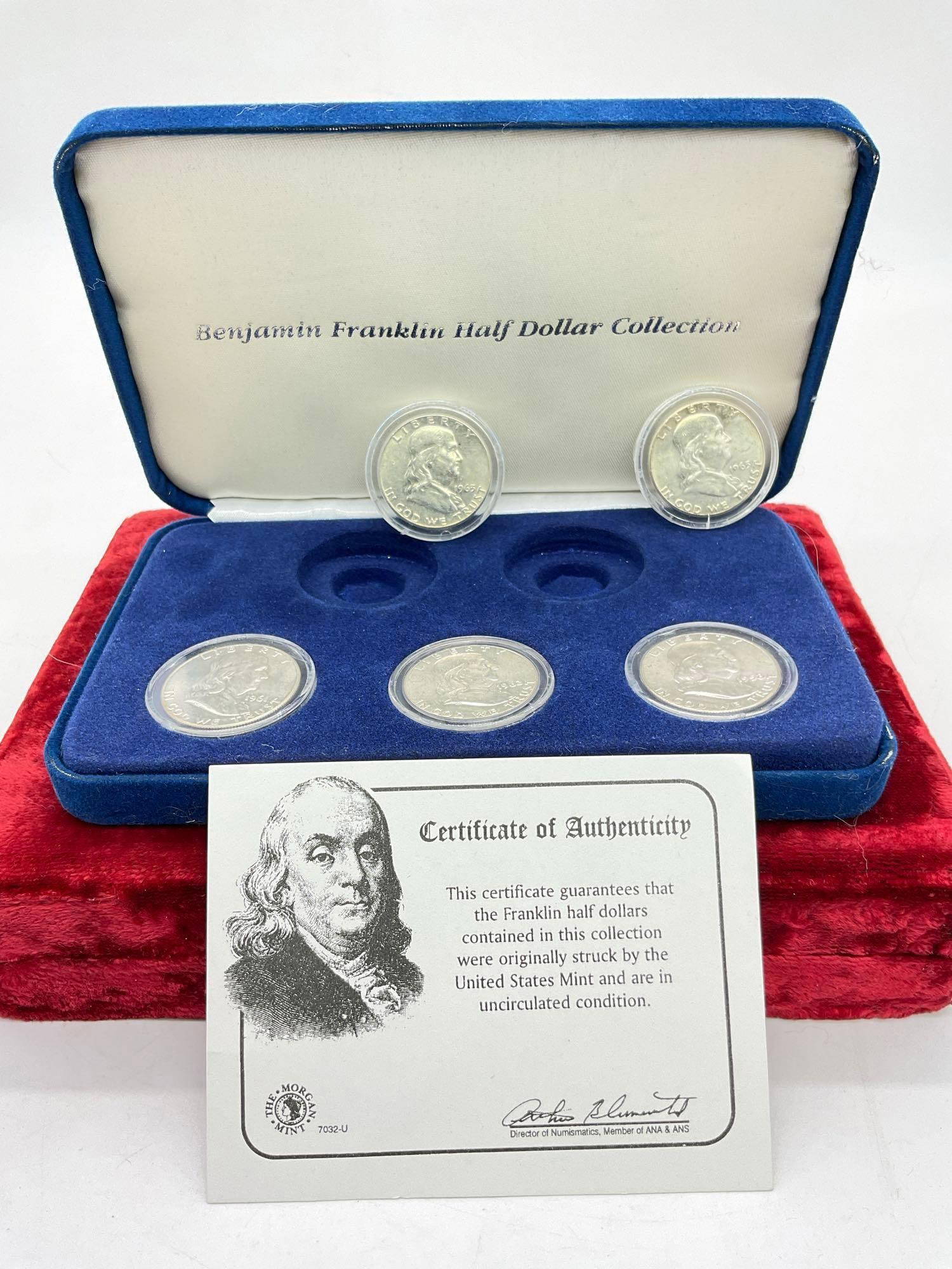 Benjamin Franklin Silver Half Dollar Unc Collection 5 Coins In Holders ...