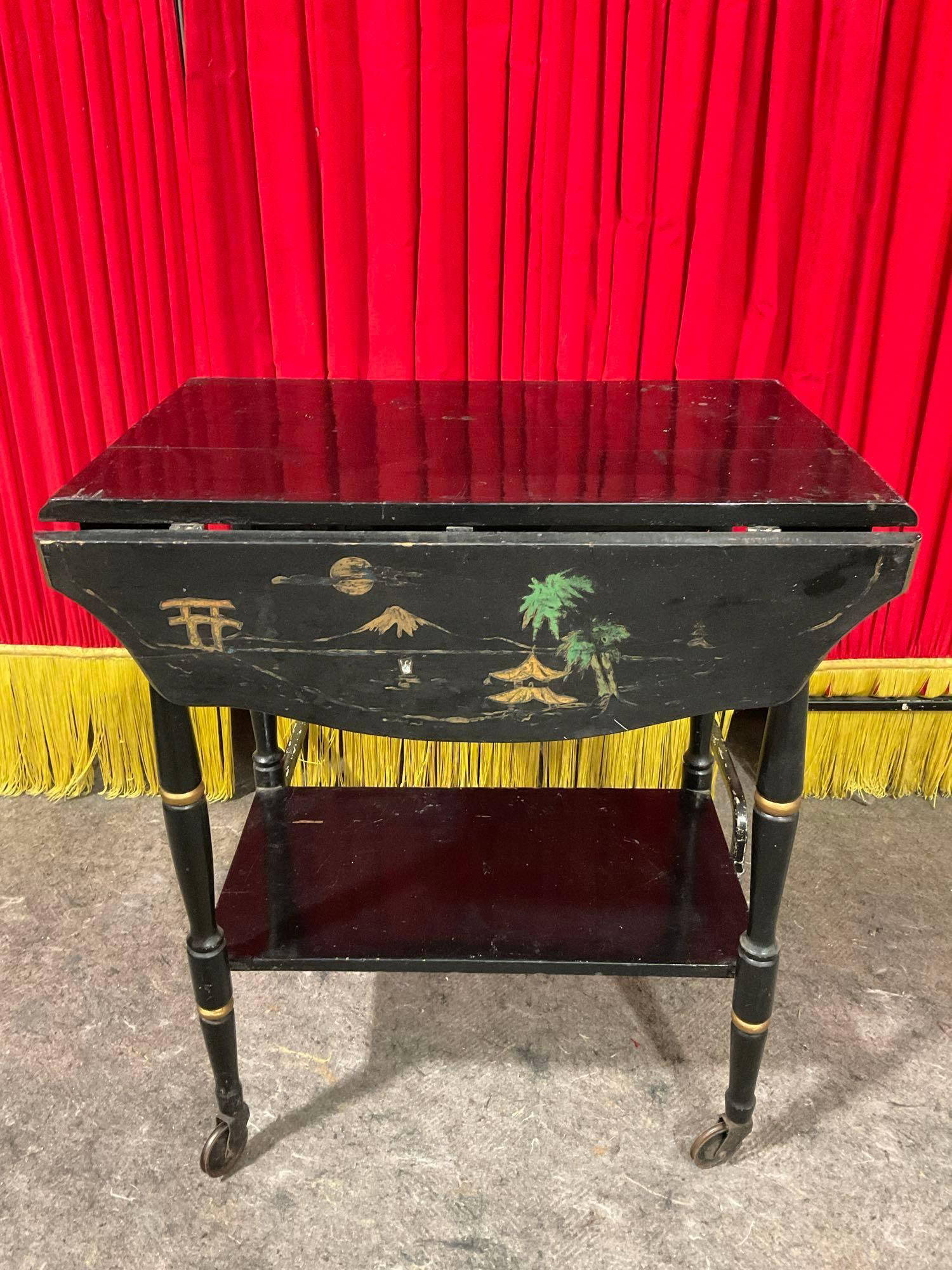 Antique Black Lacquered 2-tier Drop Leaf Wooden Tea Cart W/ Hand ...