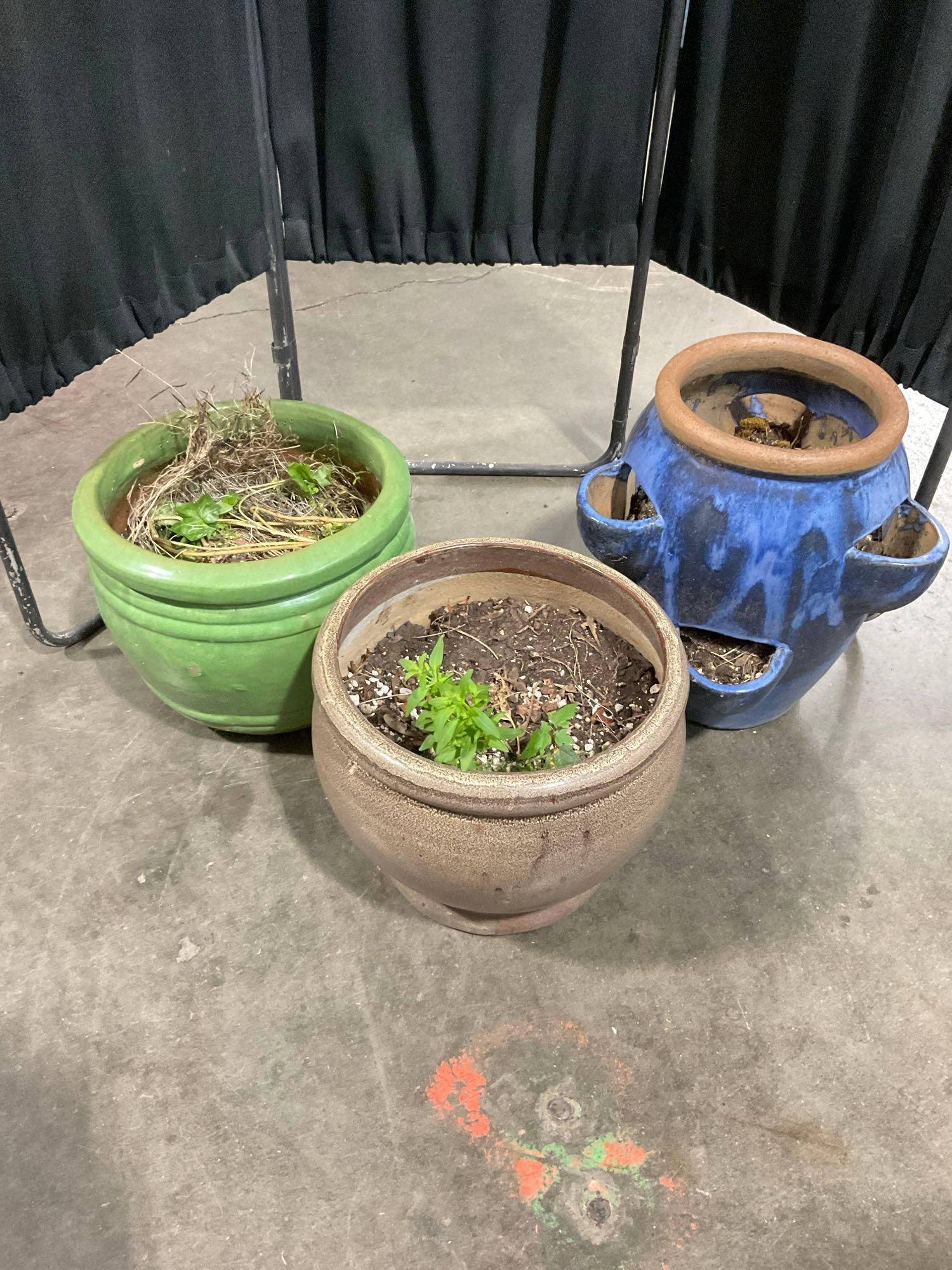 Trio Of Glazed Ceramic Planter Pots Incl. Green, Spotted Beige, & Blue ...
