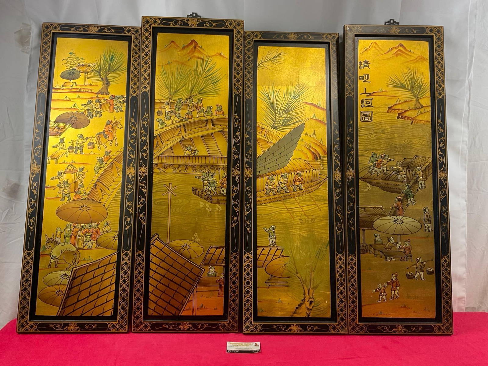 4 Panel Chinese Gold Lacquer Wall Screen, Village Scene, Panels Measure ...