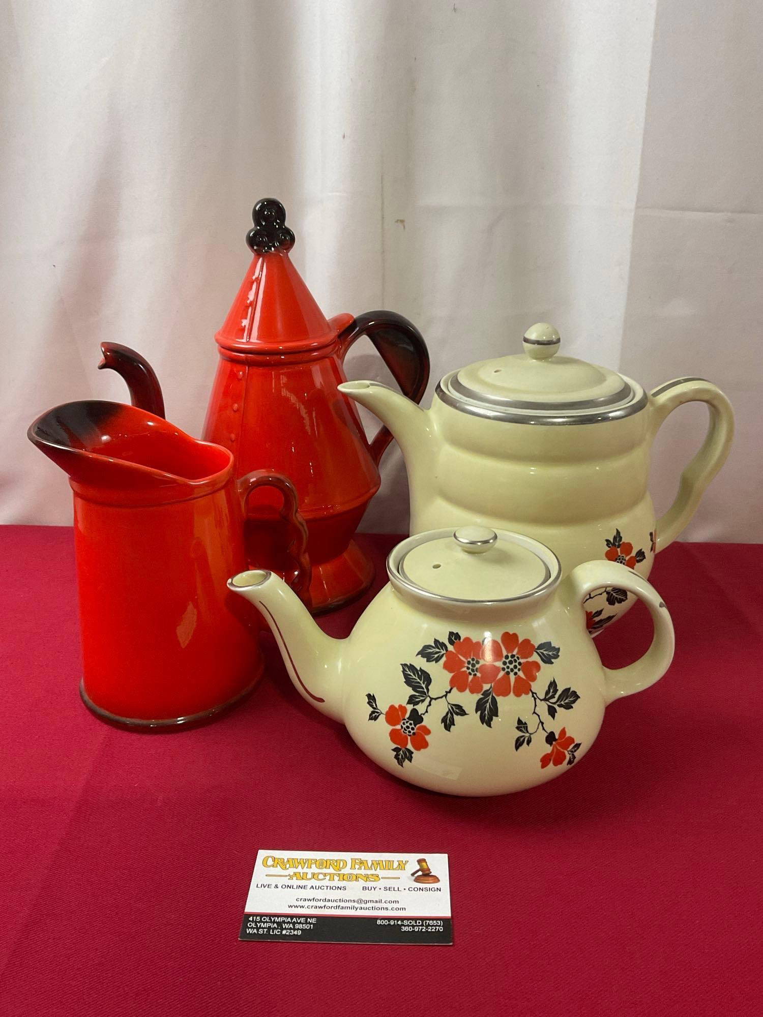 Pair Of Hall Red Poppy Teapot & Taller Piece, Metlox Poppytrail Rooster ...