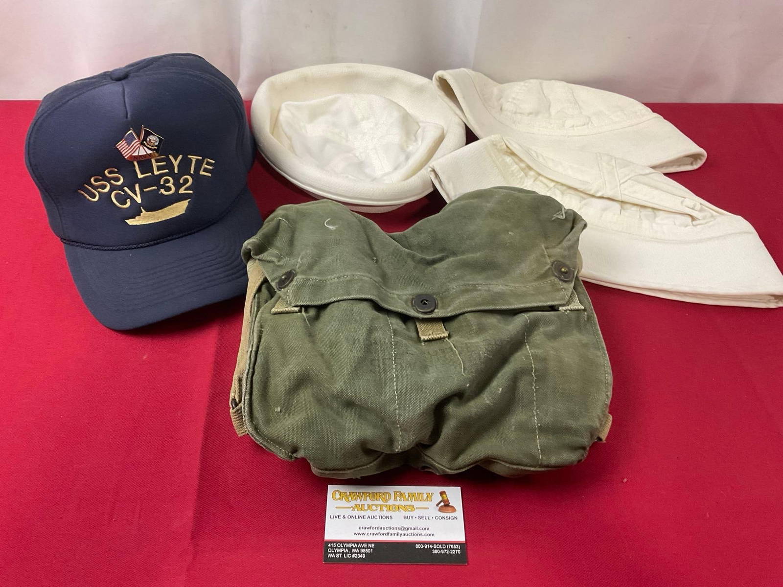 3 World War 2 White Sailors Hats, Uss Leyte Cv-32 Hat, World War 2 Ammo Bag Auction