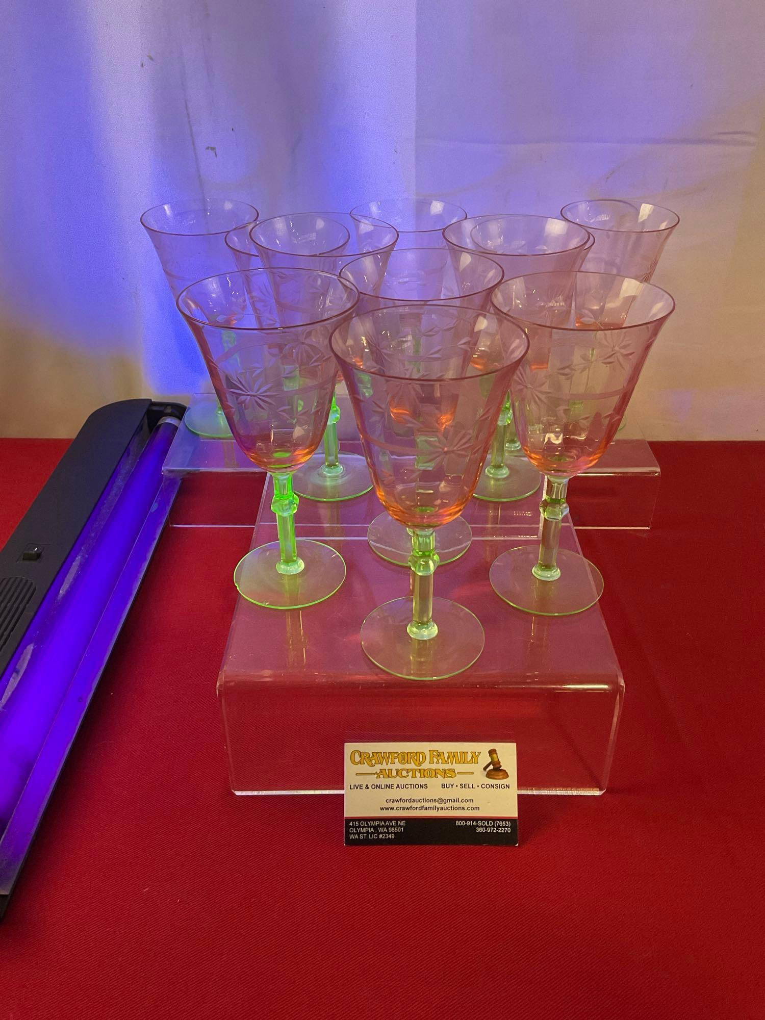 Rare Fry Vaseline & Pink Depression Glass Water Goblets, Watermelon ...