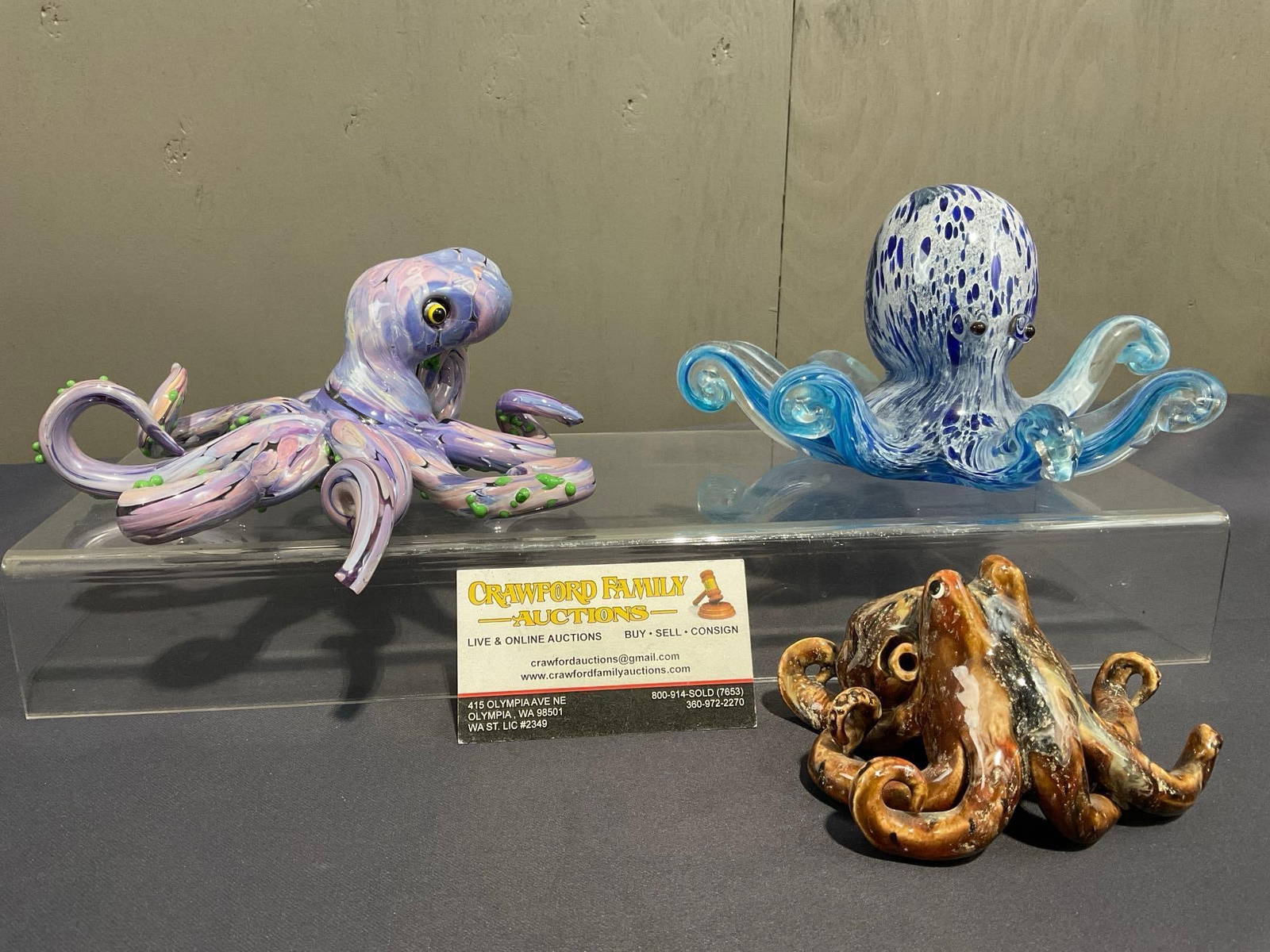 Three Art Glass & Porcelain Octopuses, Purple & Pink, Mixture Of Blues ...