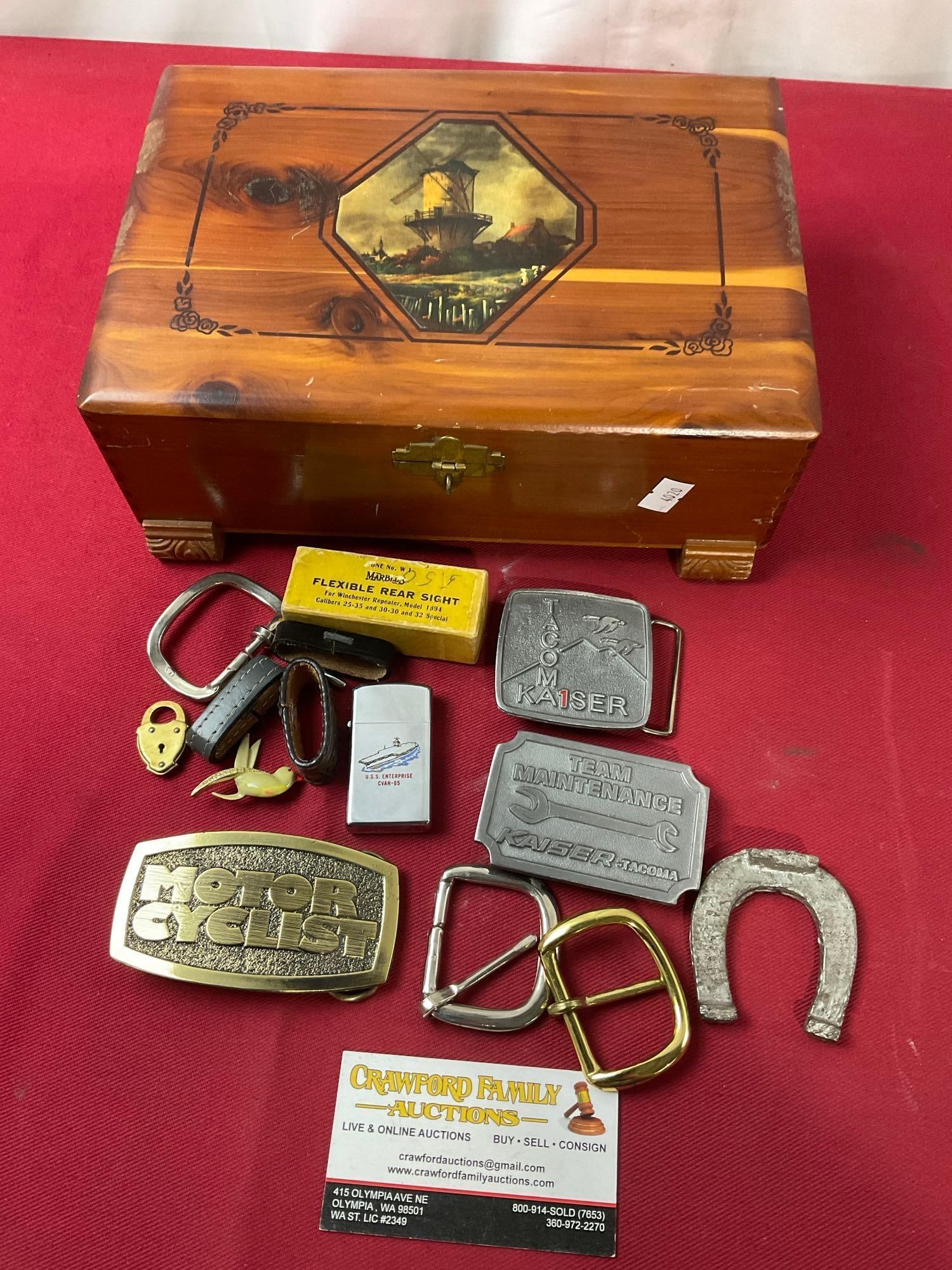 Jewelry Box W/ Belt Buckles, U.s.s. Enterprise Zippo Lighter, & More ...