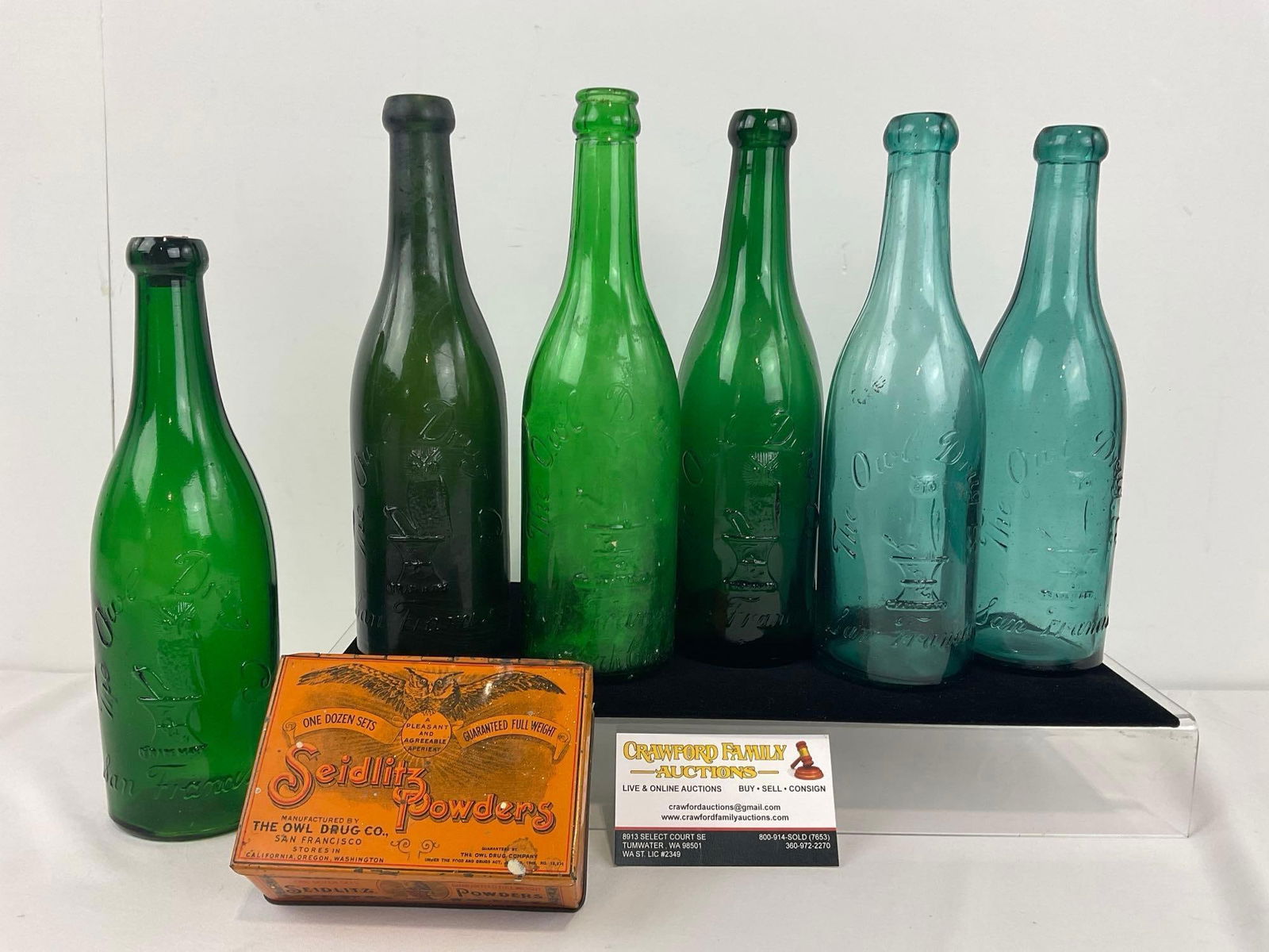 Set Of 6 Antique The Owl Drug Co Glass Bottles, 4x Greens & 2x Blue ...