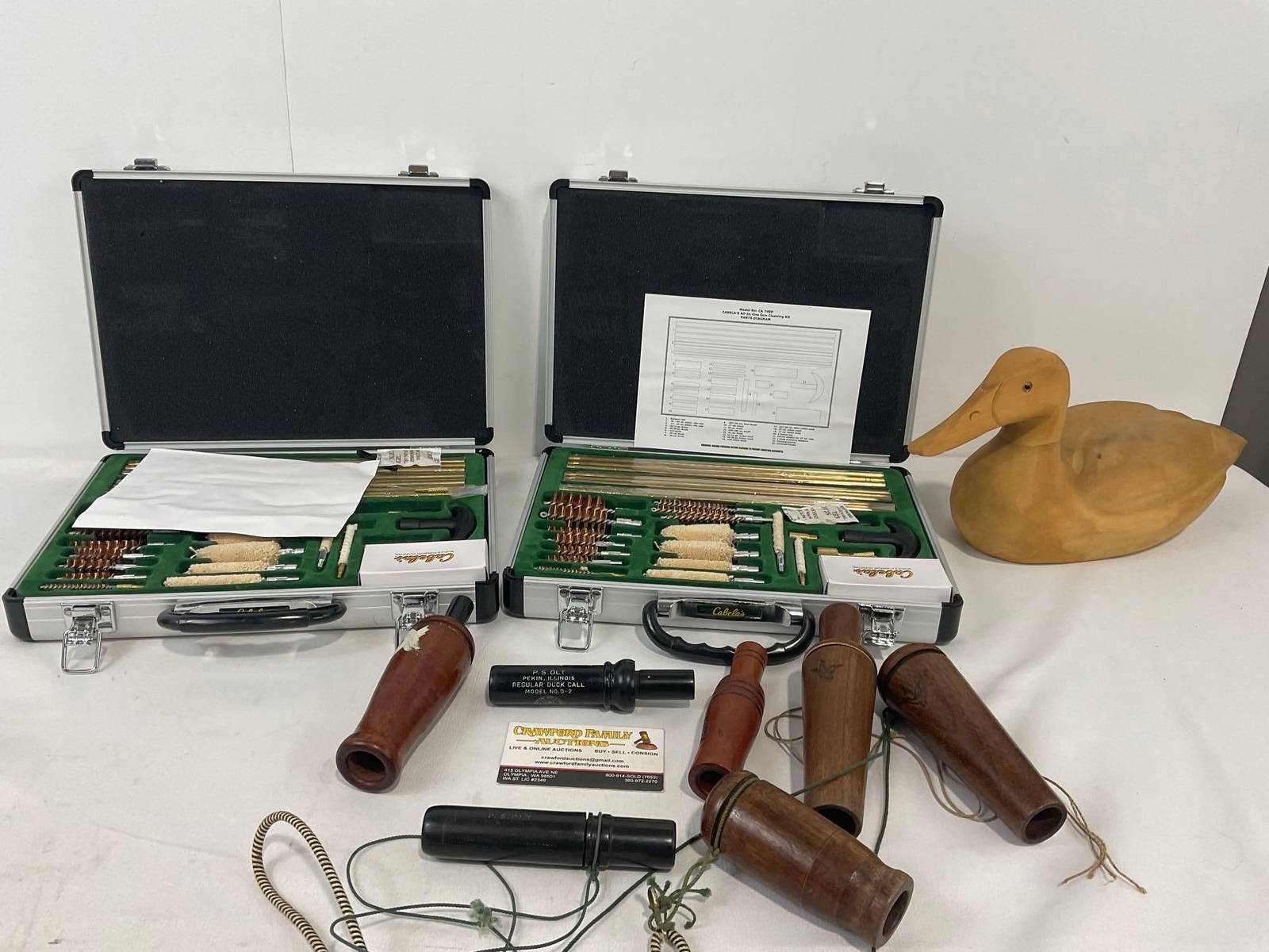 Assorted Duck Calls, Carved Duck Decoy & Pair Of Cabelas Cleaning Kits ...