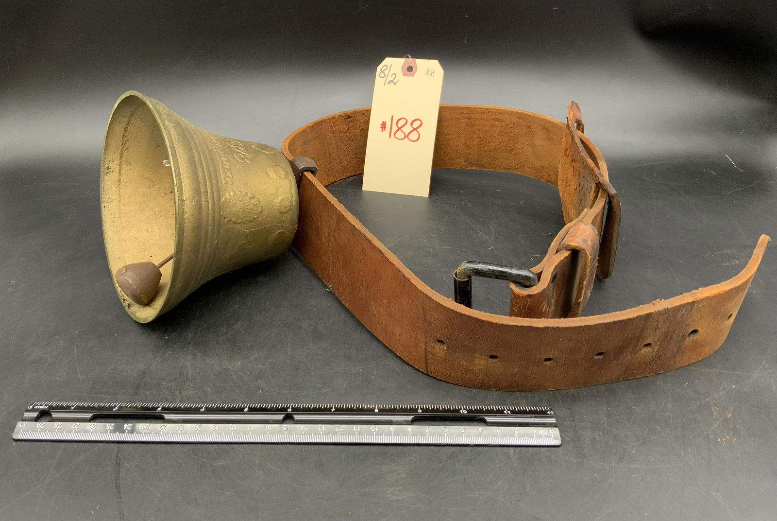 Large Brass Cow Bell On Wide Leather Strap.