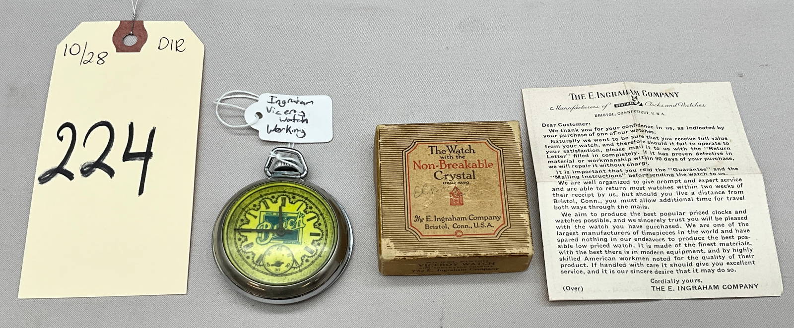 E. Ingraham Viceroy Buick Pocket Watch With Box And Paperwork. Auction