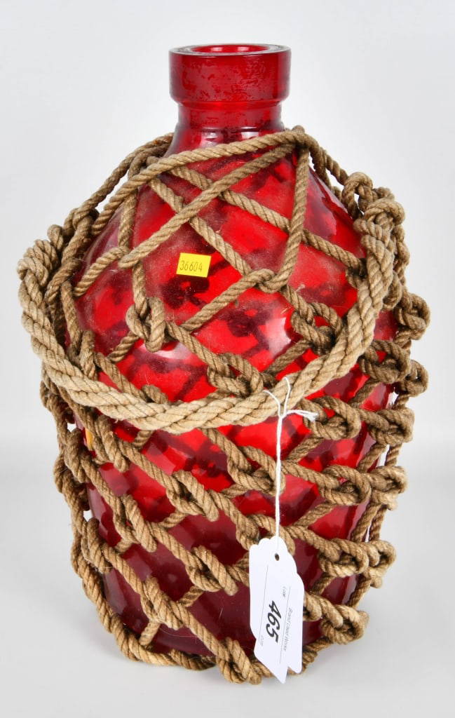 Vintage Nautical Net Wrapped Red Glass Bottle Auction