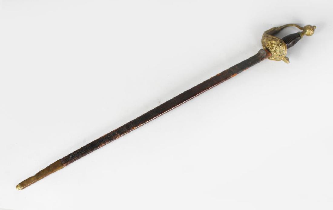 A 19TH CENTURY NAVAL SMALL SWORD in leather sheath.