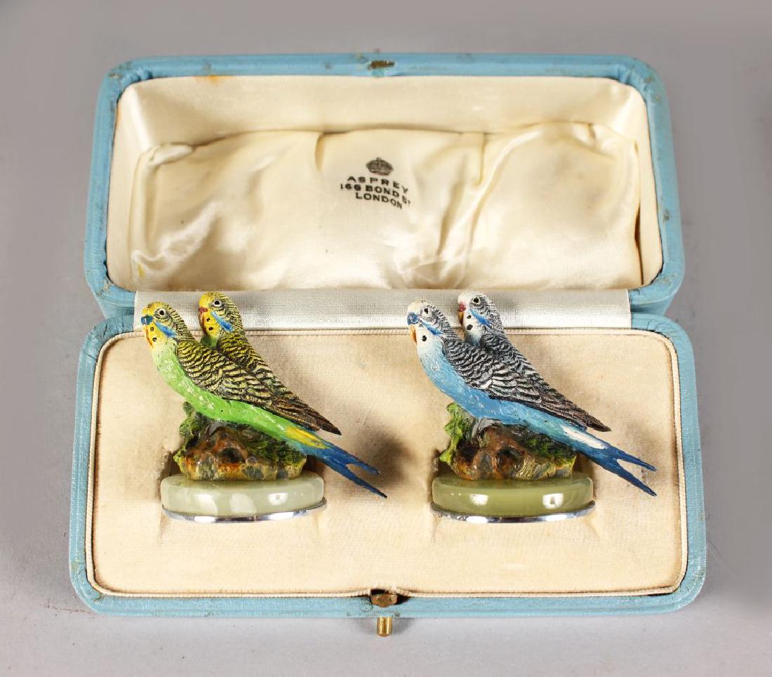 A Superb Pair Of Aspreys Enamel Budgie Menu Holders,