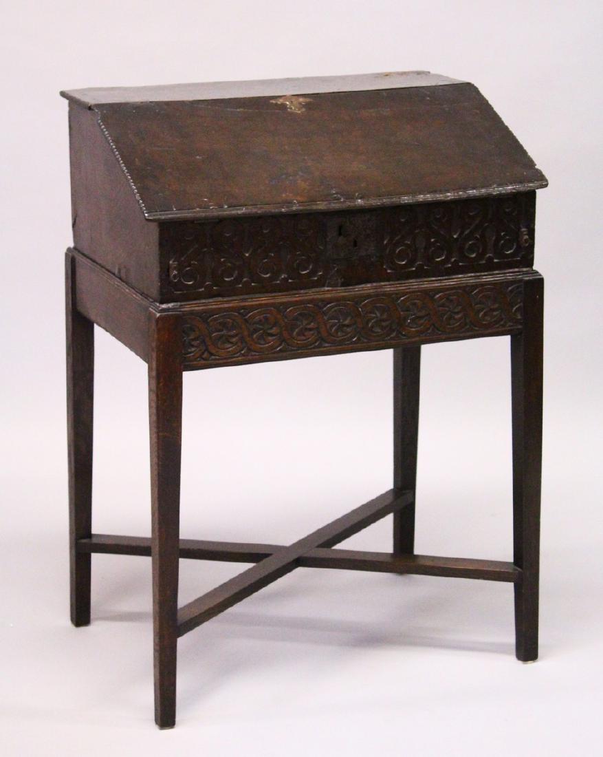 AN EARLY 18TH CENTURY "BIBLE BOX", with carved