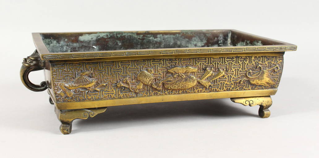 A Chinese Bronze Rectangular Censer, With Mask Handles,