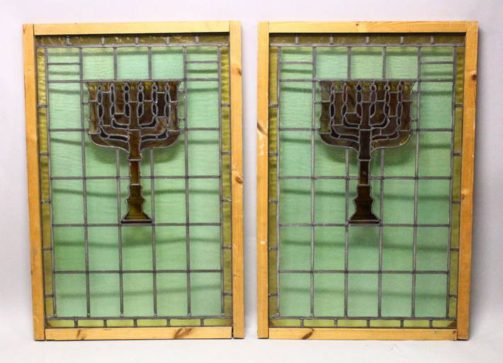 A Pair Of Jewish Theme Stain Glass Windows Each With