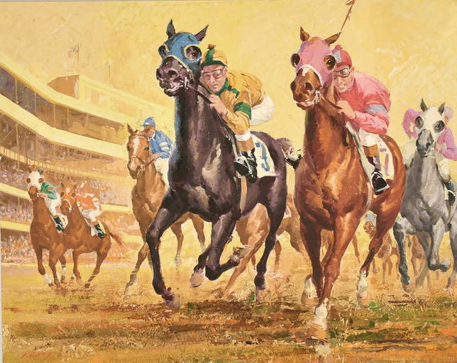 Jack Keay (b. 1907) American, A Scene Of Jockeys Vying