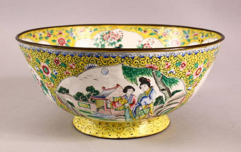 A Good Chinese Canton Enamel Bowl, Decorated With