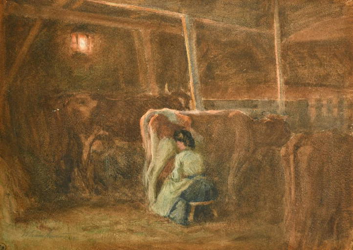 W. Evans Linton, Milkmaid in a barn, watercolour, signed 11.25" x 15.5 ...
