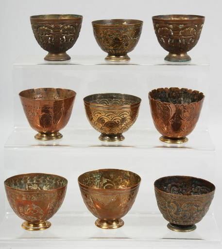 NINE 18TH/19TH CENTURY TURKISH OTTOMAN TOMBAK ZARF CUPS, each approx. 5 ...