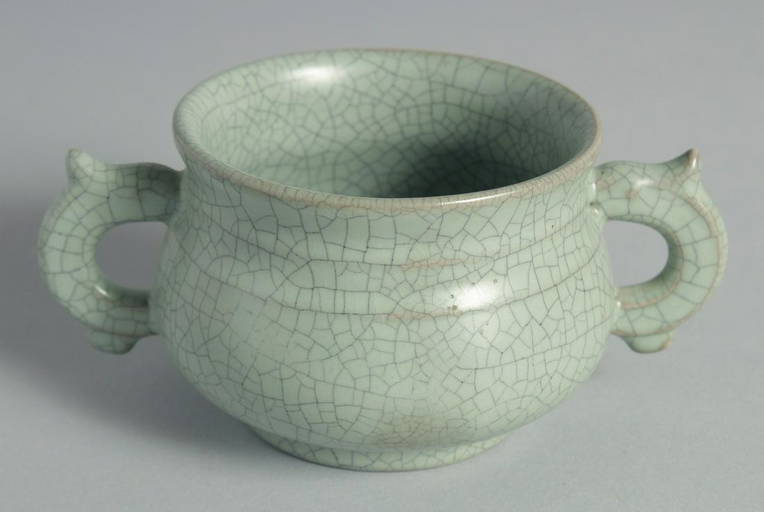 A Chinese Celadon Twin Handle Censer, 15cm Wide (handle To Handle).