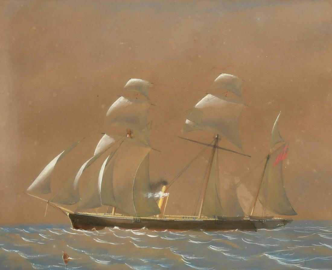 English School, Circa 1900, a three masted steam clipper, watercolour ...